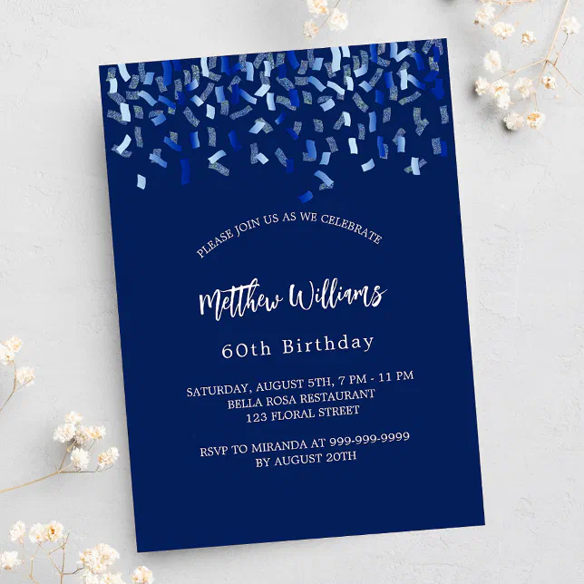 Birthday navy blue confetti men guy party invitation | Zazzle