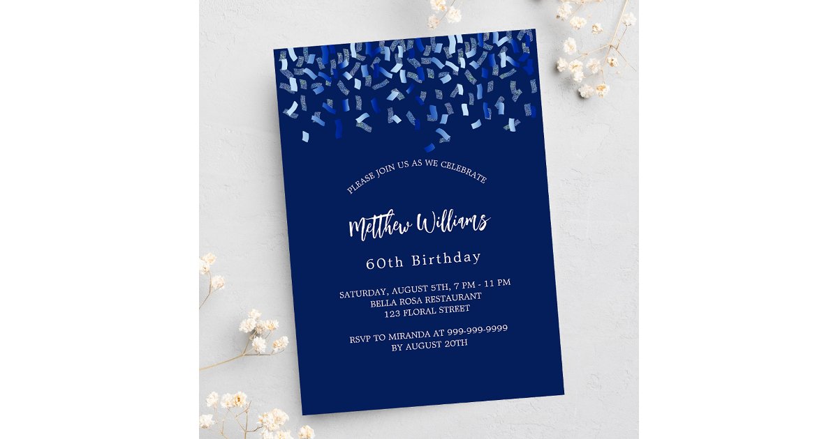 Birthday navy blue confetti men guy party invitation | Zazzle