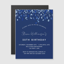 Birthday navy blue confetti men invitation magnet | Zazzle