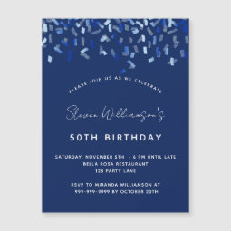 Birthday navy blue confetti men invitation magnet | Zazzle