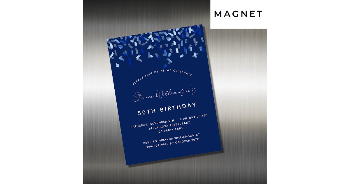 Birthday navy blue confetti men invitation magnet | Zazzle