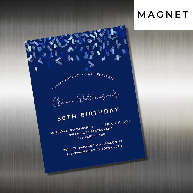 Birthday navy blue confetti men invitation magnet | Zazzle