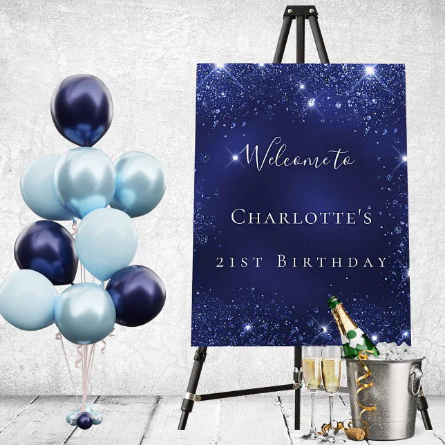 Birthday navy blue glitter dust sparkles welcome foam board | Zazzle