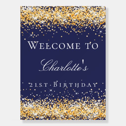 Birthday navy blue gold glitter welcome foam board | Zazzle
