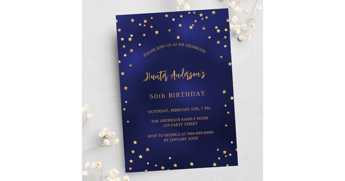 Birthday navy blue gold stars party invitation postcard | Zazzle