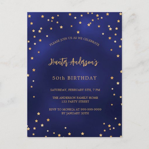 Birthday navy blue gold stars party invitation postcard | Zazzle
