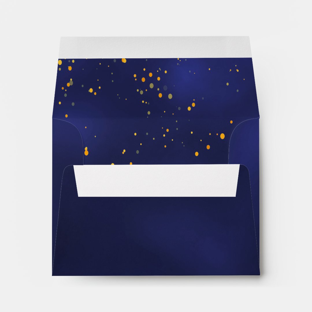 Birthday navy blue golden confetti envelope | Zazzle