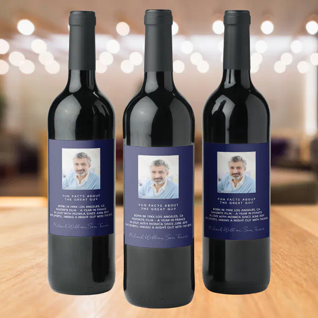 Birthday navy blue photo fun facts bio guys man wine label | Zazzle