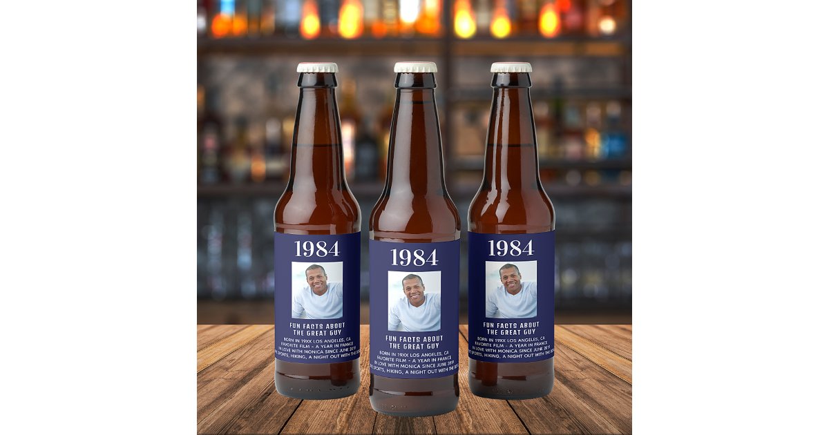 Birthday navy blue photo fun facts bio year birth beer bottle label ...