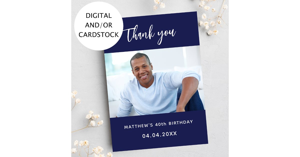 Birthday navy blue photo thank you card | Zazzle
