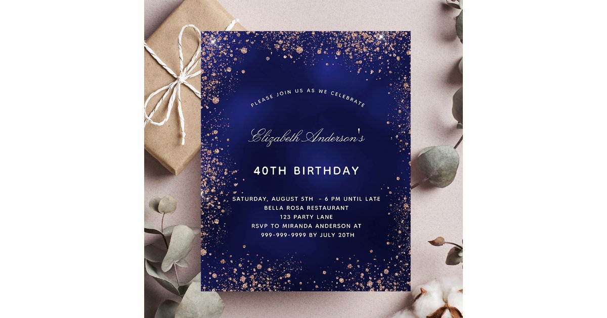 Birthday navy blue rose gold budget invitation flyer | Zazzle