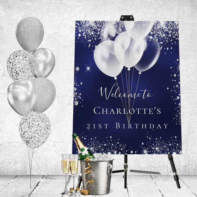 Birthday navy blue silver glitter balloons welcome foam board | Zazzle