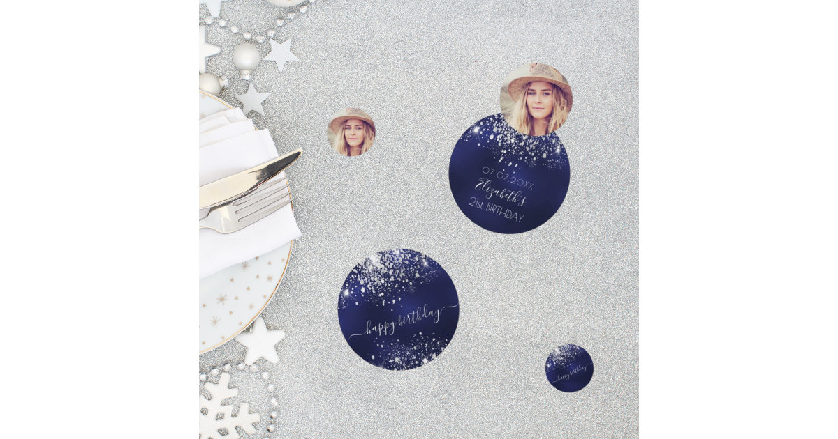Birthday navy blue silver glitter photo confetti | Zazzle
