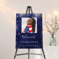 Birthday navy blue silver glitter photo welcome foam board | Zazzle
