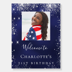 Birthday navy blue silver glitter photo welcome foam board | Zazzle