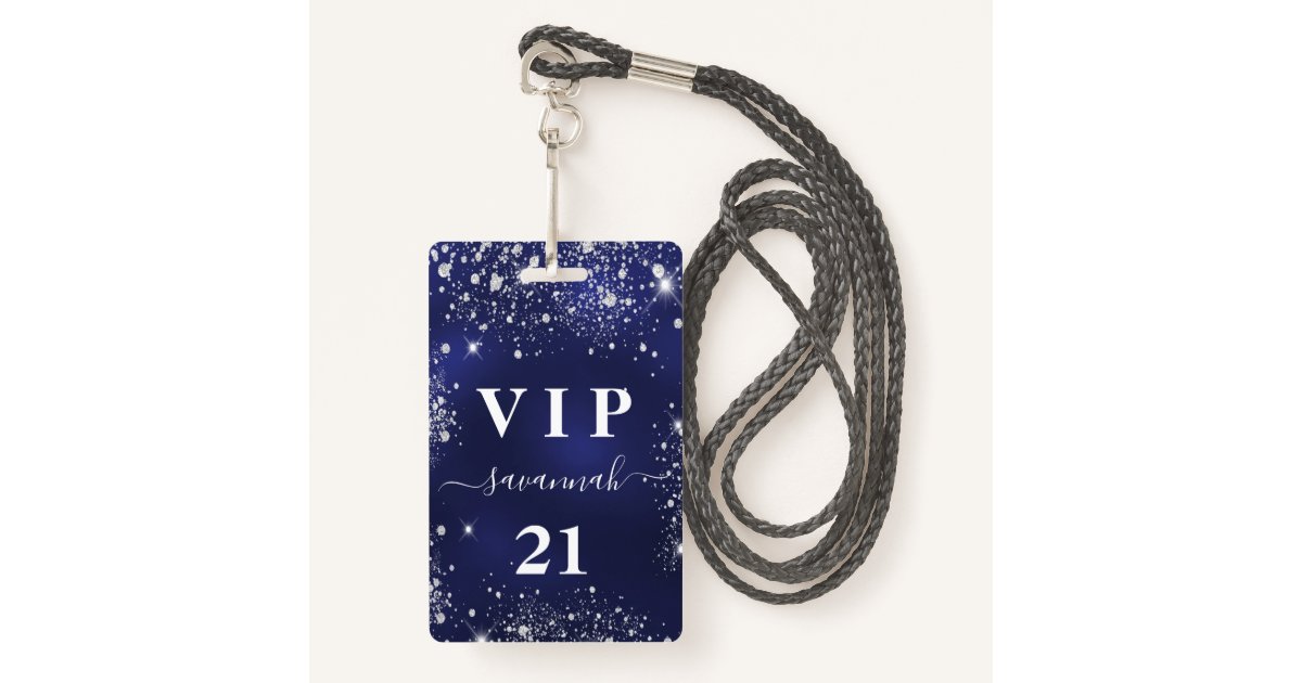 Birthday navy blue silver glitter vip invitation badge | Zazzle