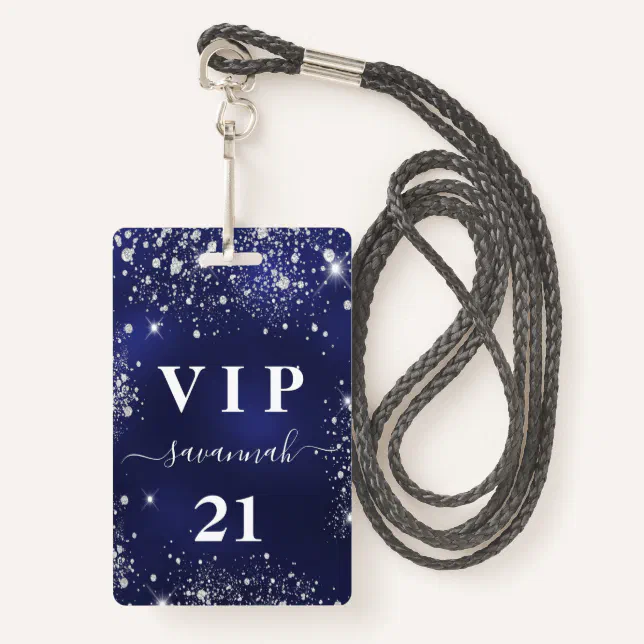 Birthday navy blue silver glitter vip invitation badge | Zazzle