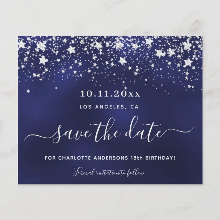 Birthday navy blue silver save date party budget flyer | Zazzle