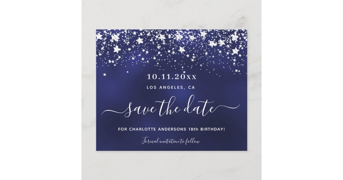 Birthday navy blue silver save date party budget flyer | Zazzle