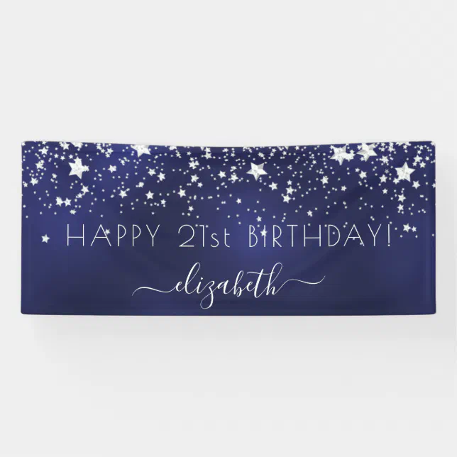 Birthday navy blue silver stars name party banner | Zazzle