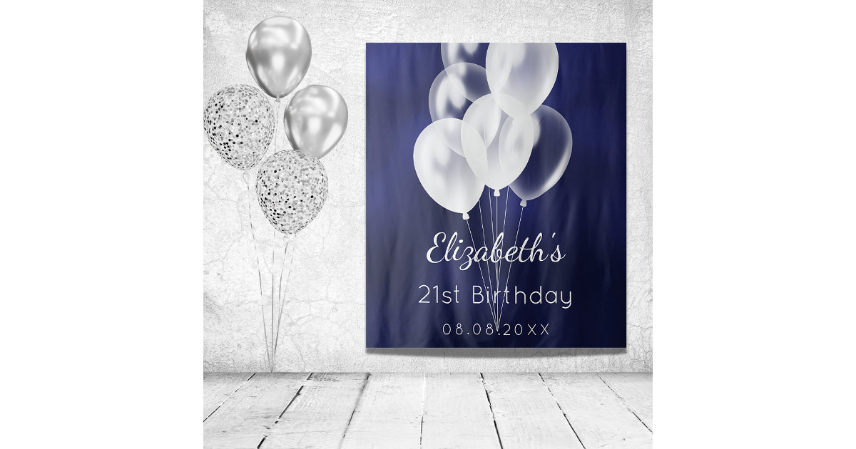 Birthday navy blue white balloons name tapestry | Zazzle
