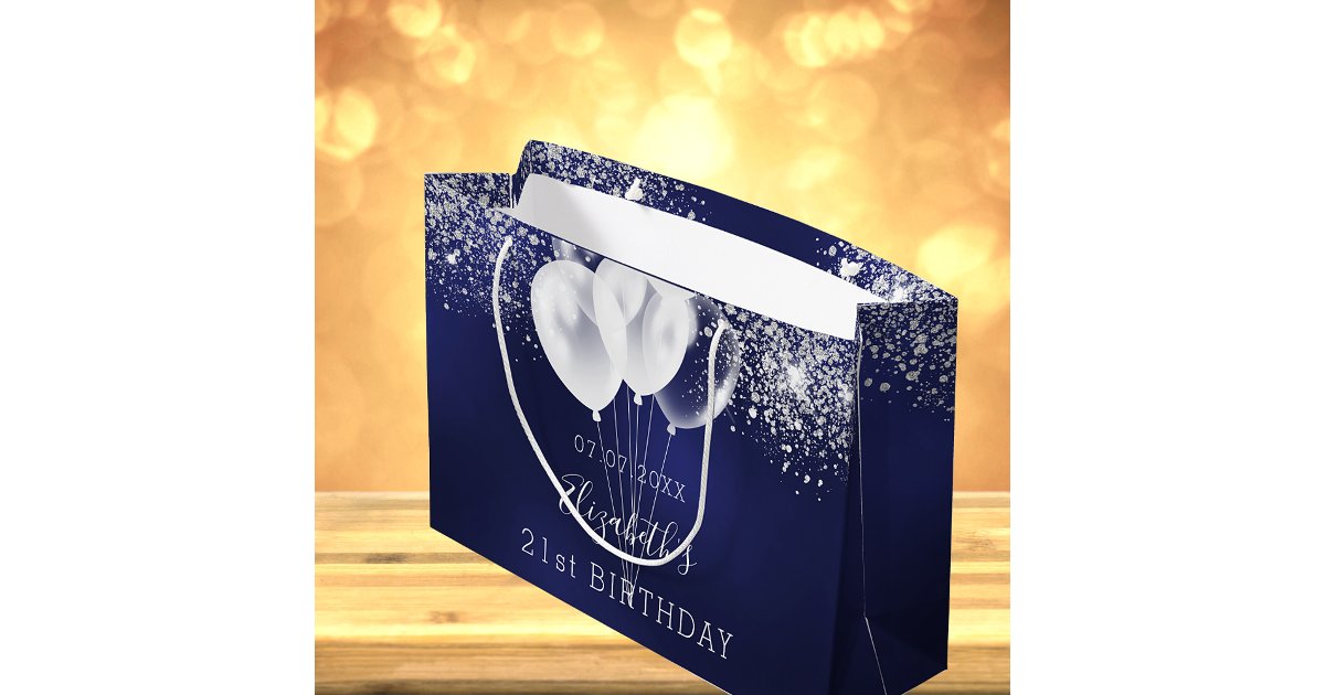 Birthday navy blue white glitter sparkles balloons large gift bag | Zazzle