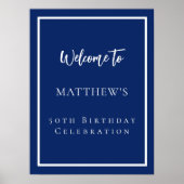 Birthday navy blue white party welcome poster | Zazzle