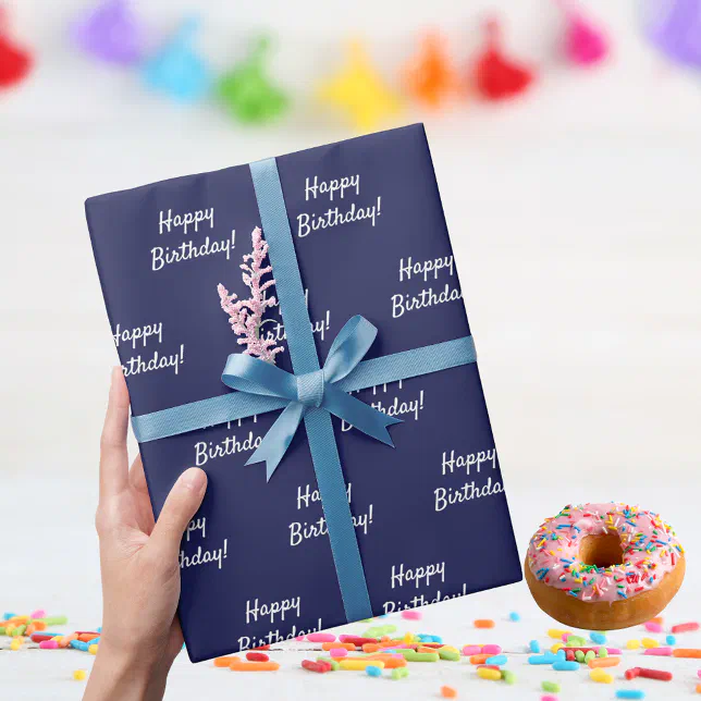 Birthday navy blue white wrapping paper | Zazzle