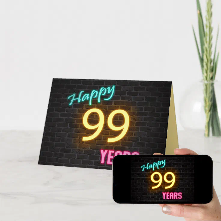 Birthday neon 99 sign on brick card | Zazzle