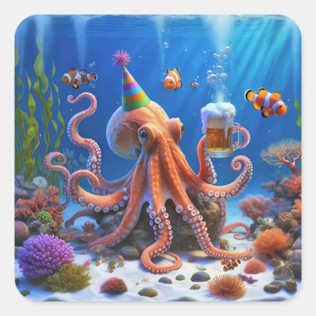 Birthday Octopus With a Beer Square Sticker | Zazzle