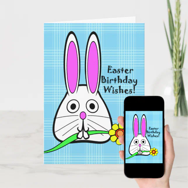 Birthday on Easter, Cute Bunny with Flower Holiday Card | Zazzle
