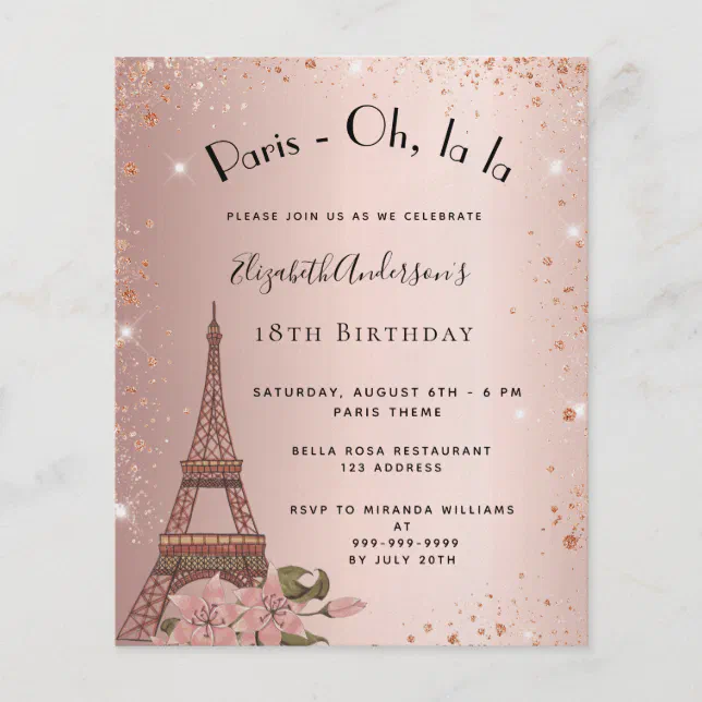 Birthday Paris rose gold Eiffel budget invitation Flyer | Zazzle