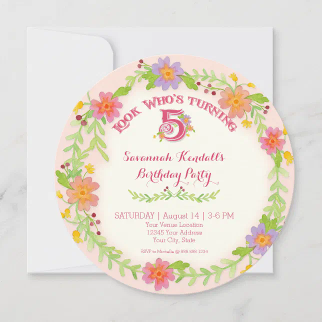 Birthday Party 5 Years Old Girl, Watercolor Floral Invitation | Zazzle