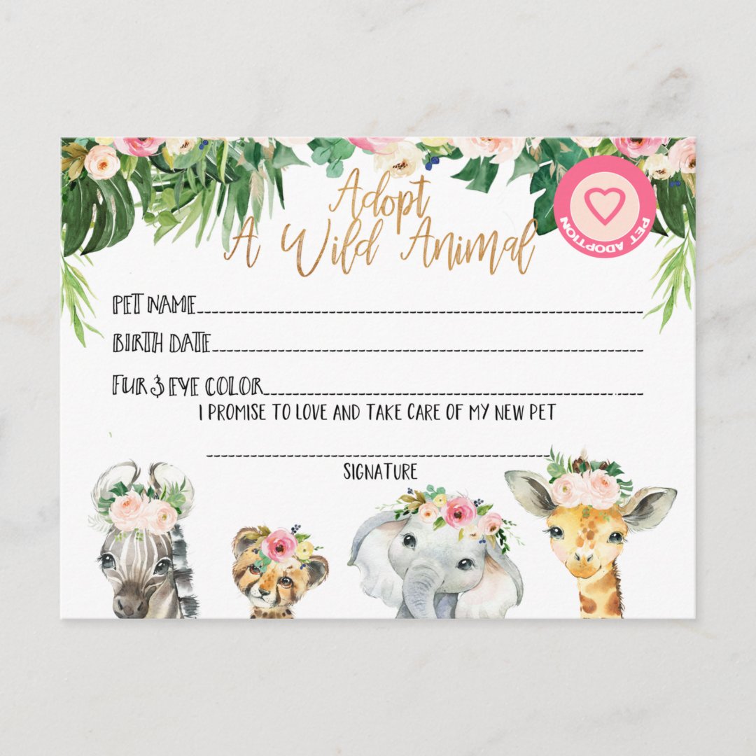 Birthday Party Adopt A Wild Animal Certificate Postcard | Zazzle