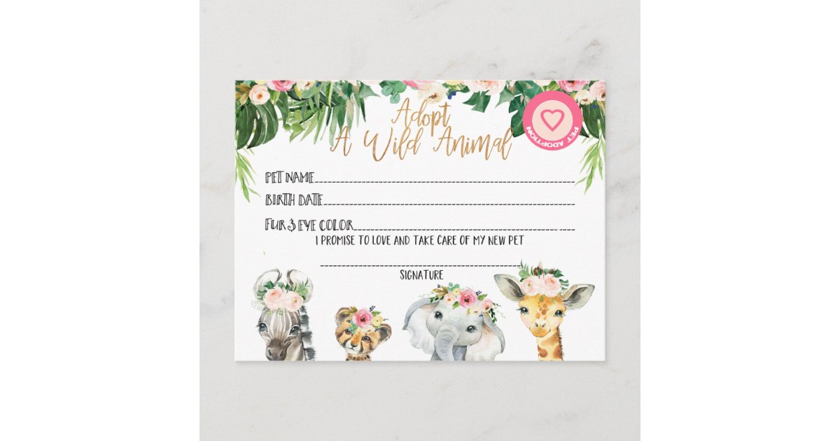 Birthday Party Adopt A Wild Animal Certificate Postcard | Zazzle
