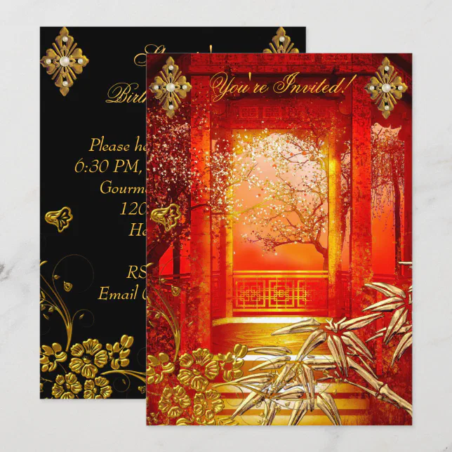 Birthday Party Asian View Gold Bamboo Red Invitation | Zazzle