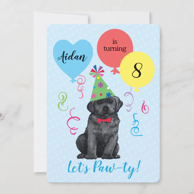 Birthday Party Balloons Black Lab Invitation | Zazzle