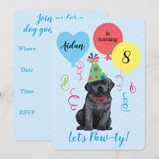 Birthday Party Balloons Black Lab Invitation | Zazzle