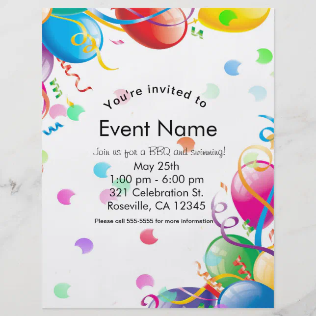 Birthday Party Balloons Confetti Event Flyer | Zazzle