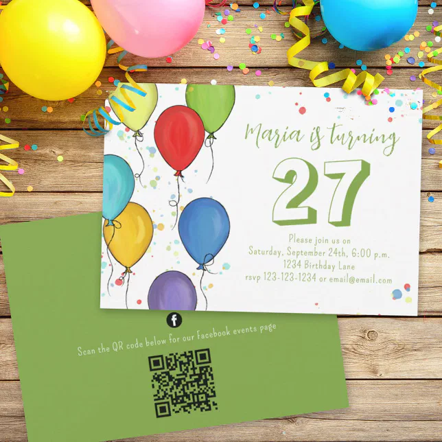 Birthday Party Balloons Confetti QR Code Facebook Invitation | Zazzle