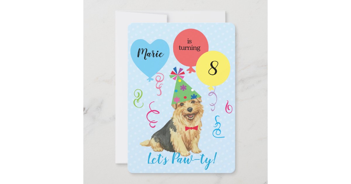 Birthday Party Balloons Norfolk Terrier Invitation | Zazzle