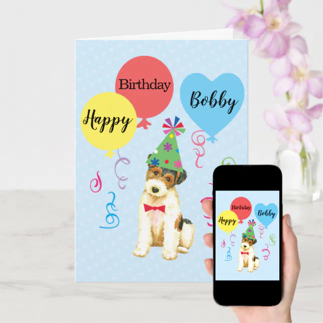 Birthday Party Balloons Wire Fox Terrier Card | Zazzle