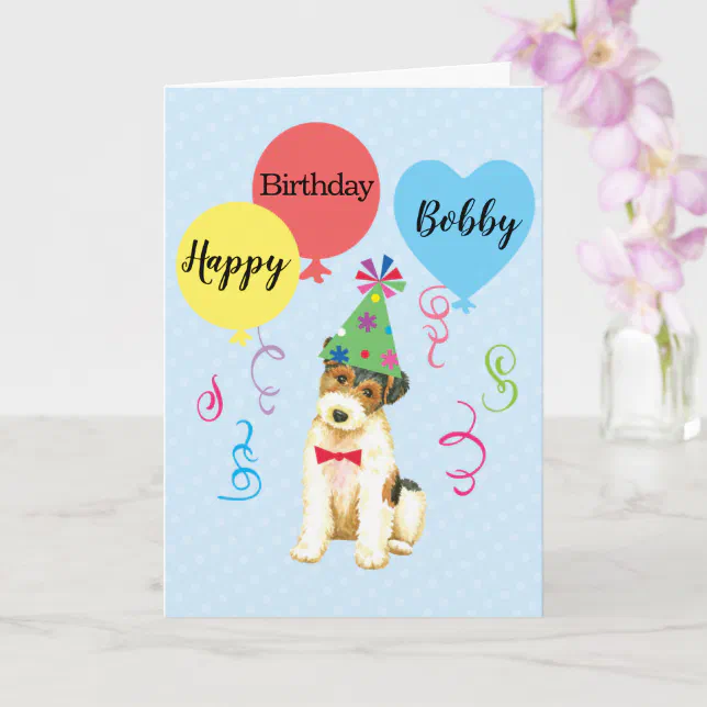 Birthday Party Balloons Wire Fox Terrier Card | Zazzle