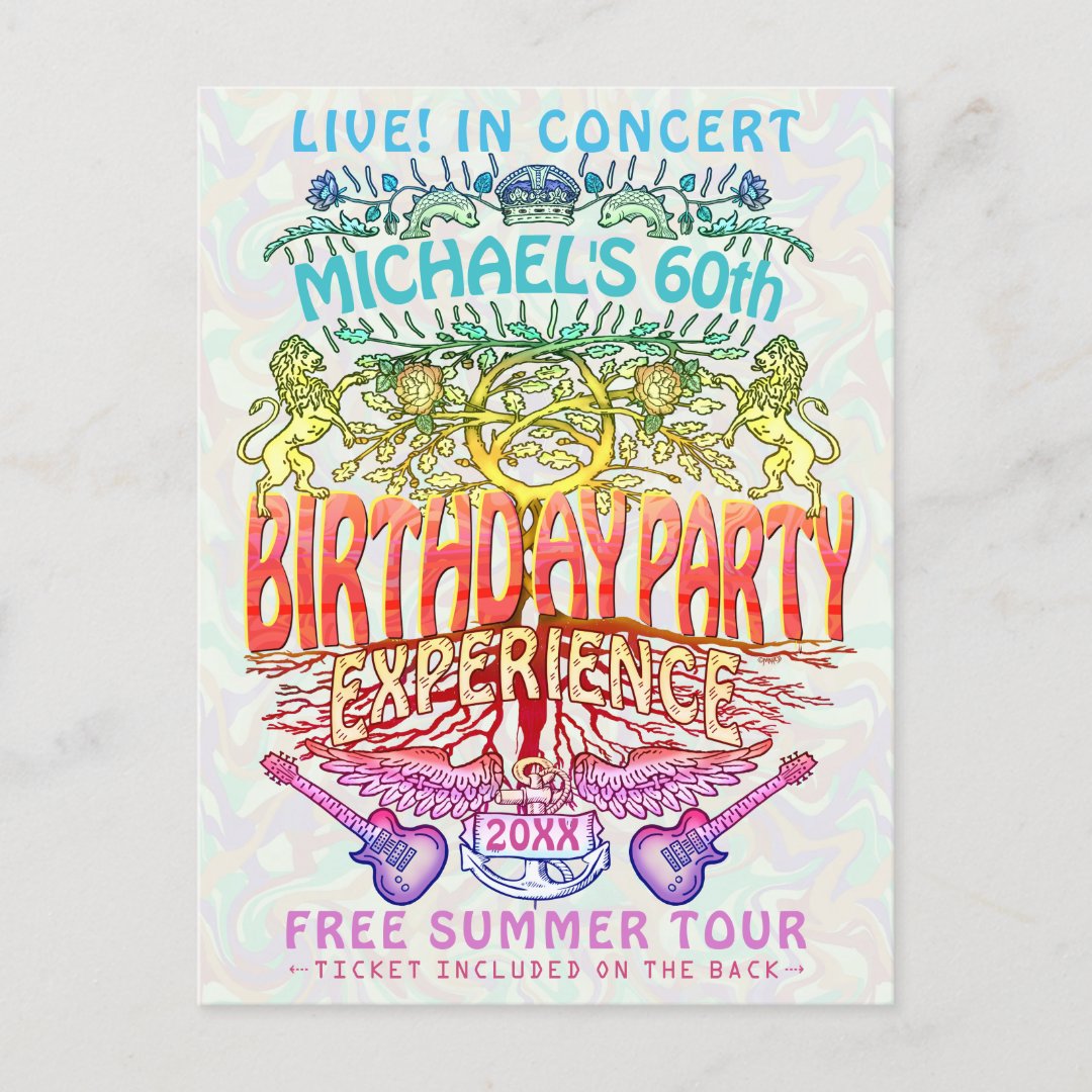 Birthday Party Band Concert Ticket Neon Retro 70s Postcard | Zazzle