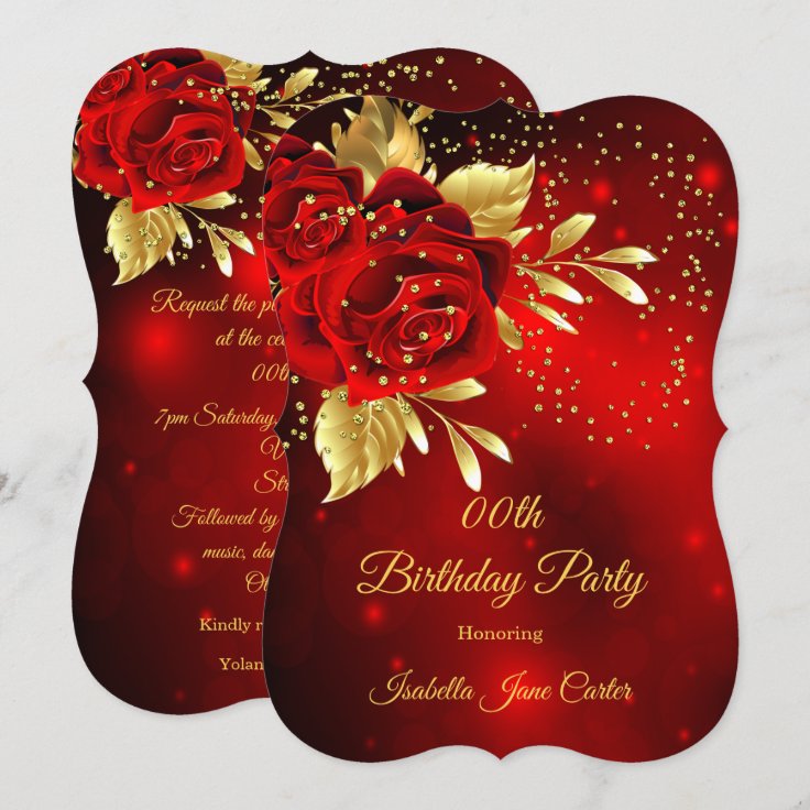 Birthday Party Beautiful Red Rose Floral Gold Invitation | Zazzle