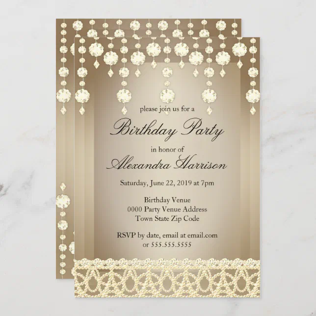 Birthday Party Beige Crystal Sepia Diamond Invitation | Zazzle