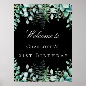 Birthday party black eucalyptus forest welcome poster | Zazzle