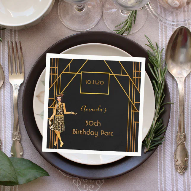 Birthday party black gold 1920's art deco style napkins | Zazzle