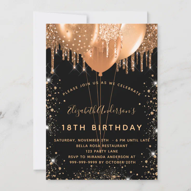 Birthday Party Black Gold Glitter Balloons Invitation Zazzle