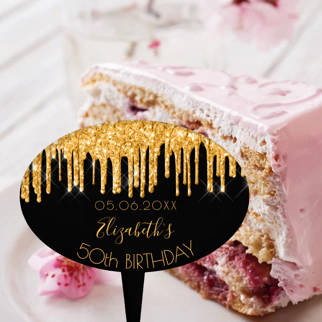Birthday party black gold glitter drips glam chic cake topper | Zazzle